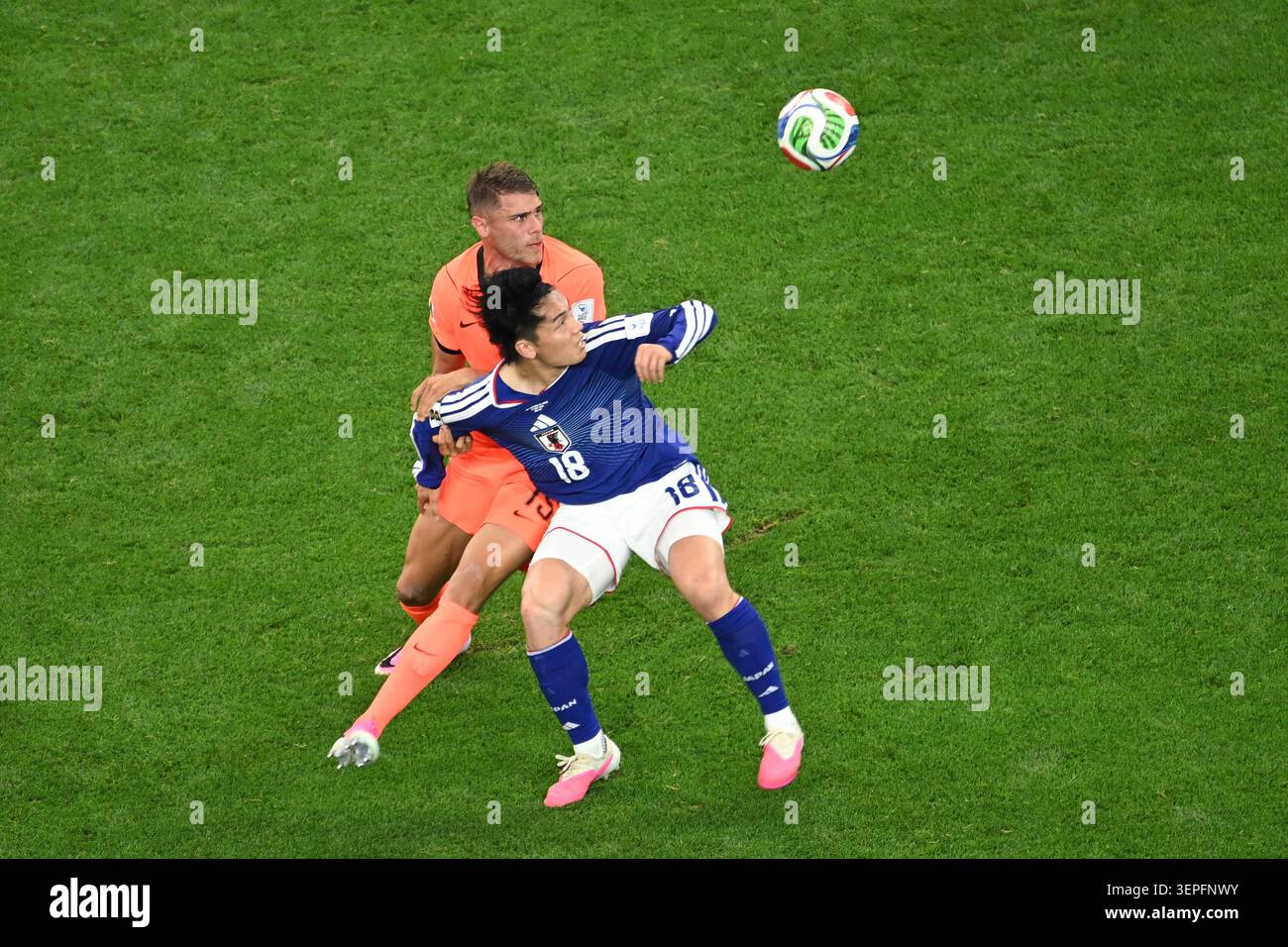 Netherlands' Micky van de Ven (15) and Japan's Ayase Ueda (18) tangle ...