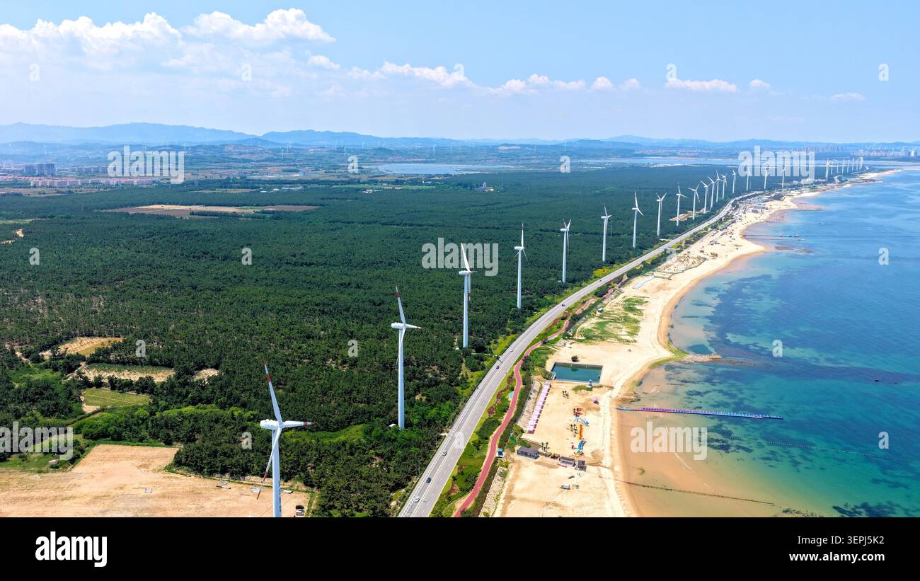 Wind turbines operate in the northern coastal area of Rongcheng, east ...