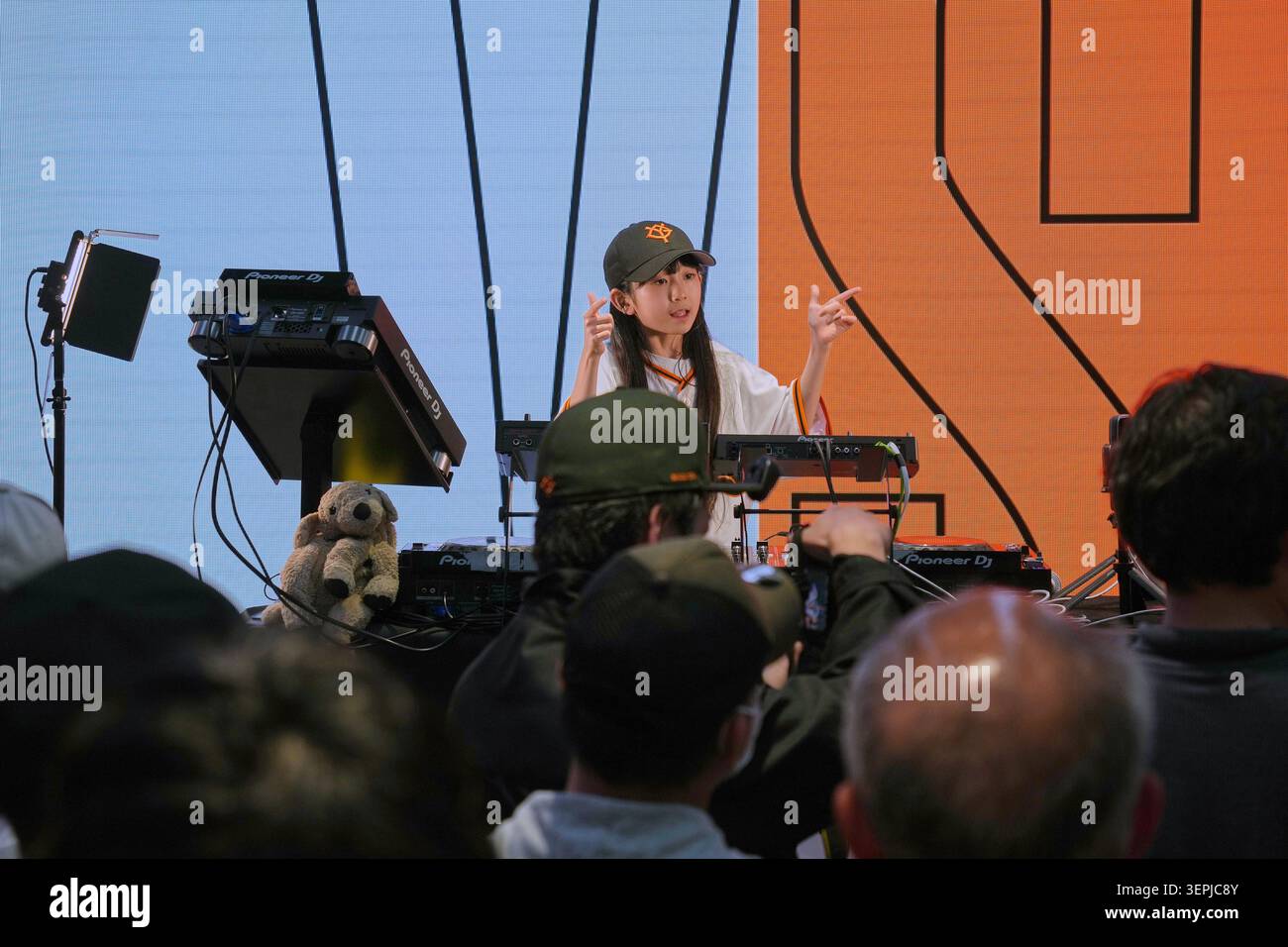 Nine-year-old DJ Rinoka performs at Tokyo Dome before a Yomiuri Giants ...