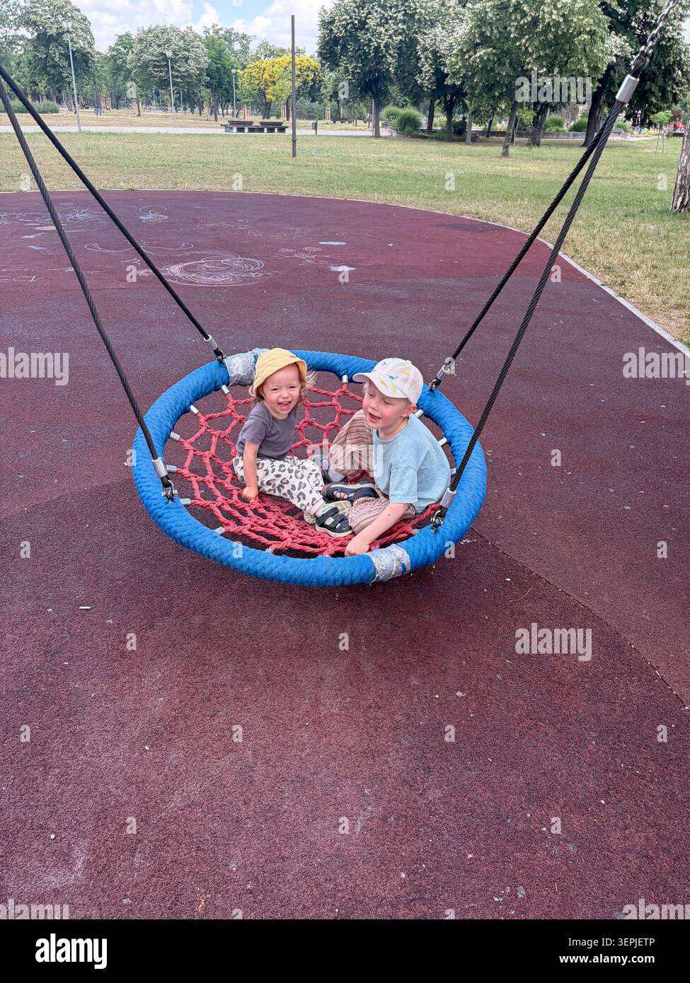 Happy siblings sharing playground basket swing in sunny park Stock ...