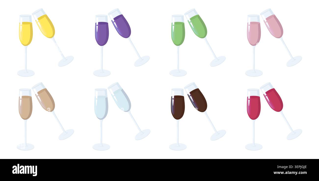 Eight pairs of champagne flutes clinking in a toast, each filled with ...