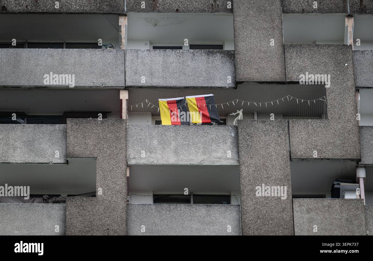 15 June 2026, Hesse, Frankfurt am Main: Two German flags are hanging on ...