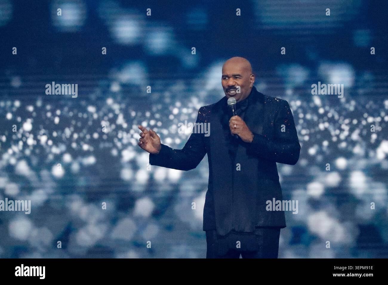FILE - Host Steve Harvey speaks during the 70th Miss Universe pageant ...