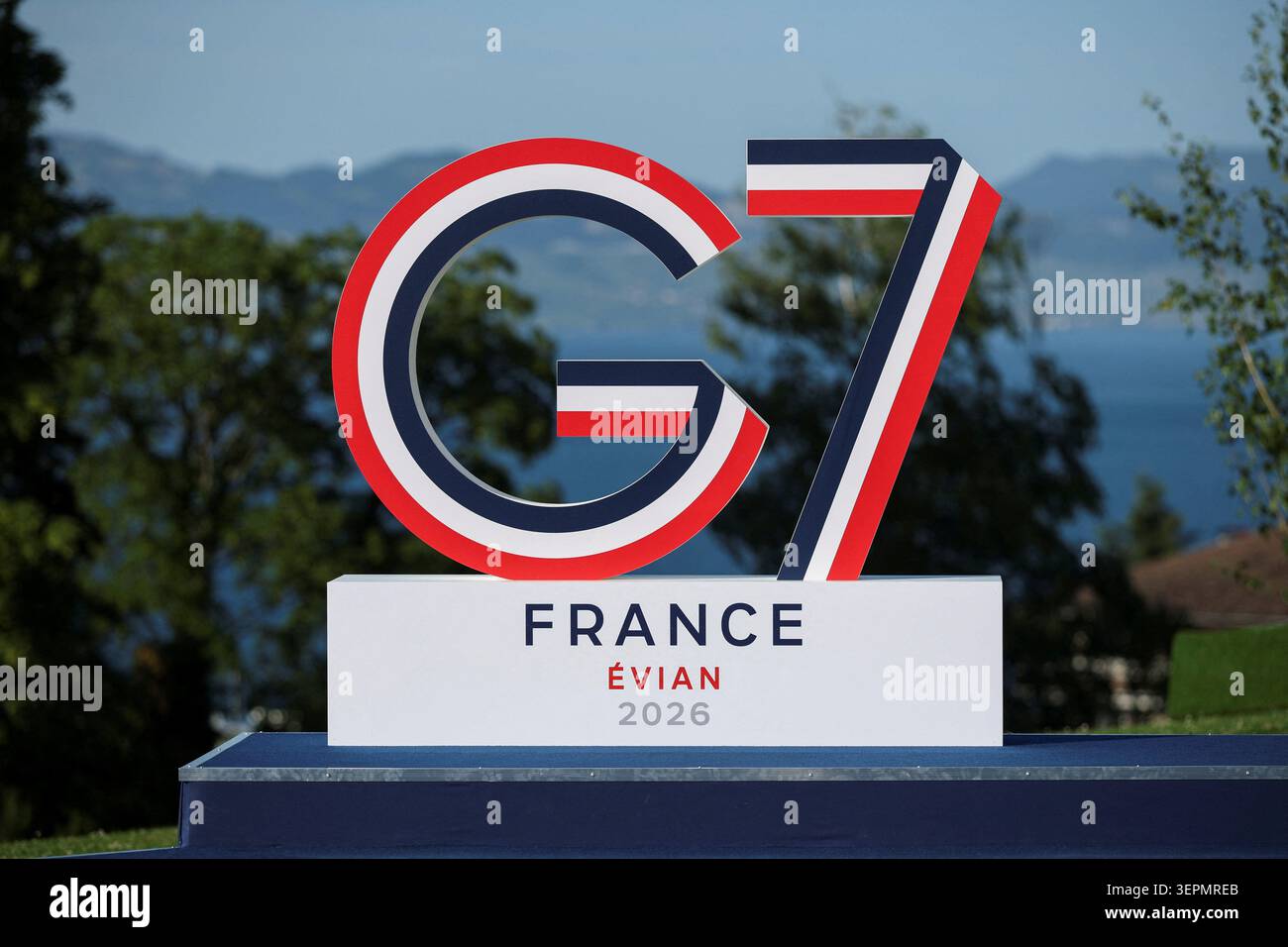 A G7 logo installation during the G7 summit in Evian, France. Picture ...