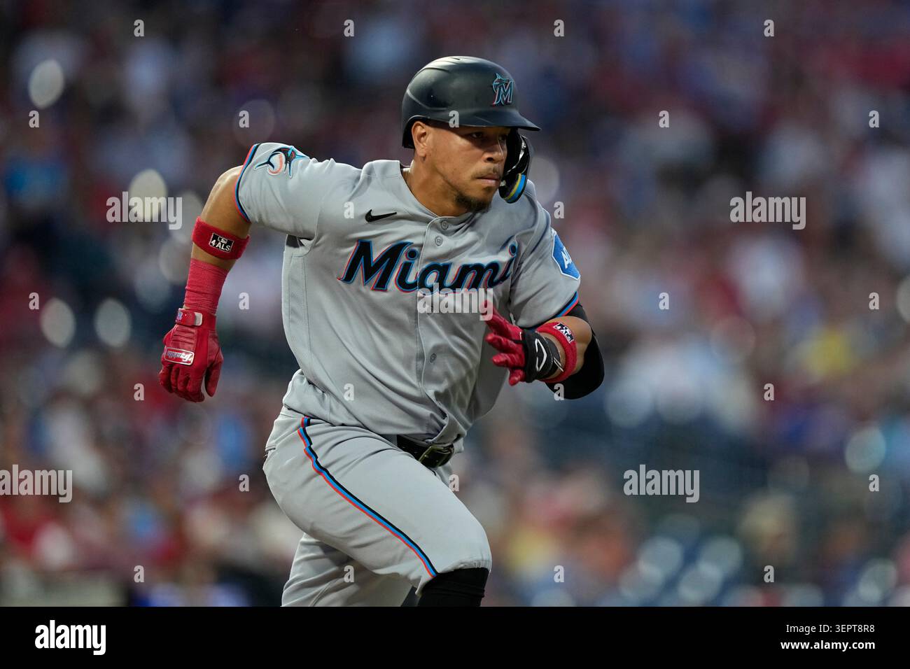 Miami Marlins' Heriberto Hernández plays during a baseball game Monday ...