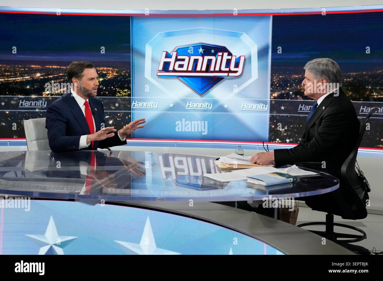 Vice President JD Vance, left, and Sean Hannity appear on "Hannity" on ...