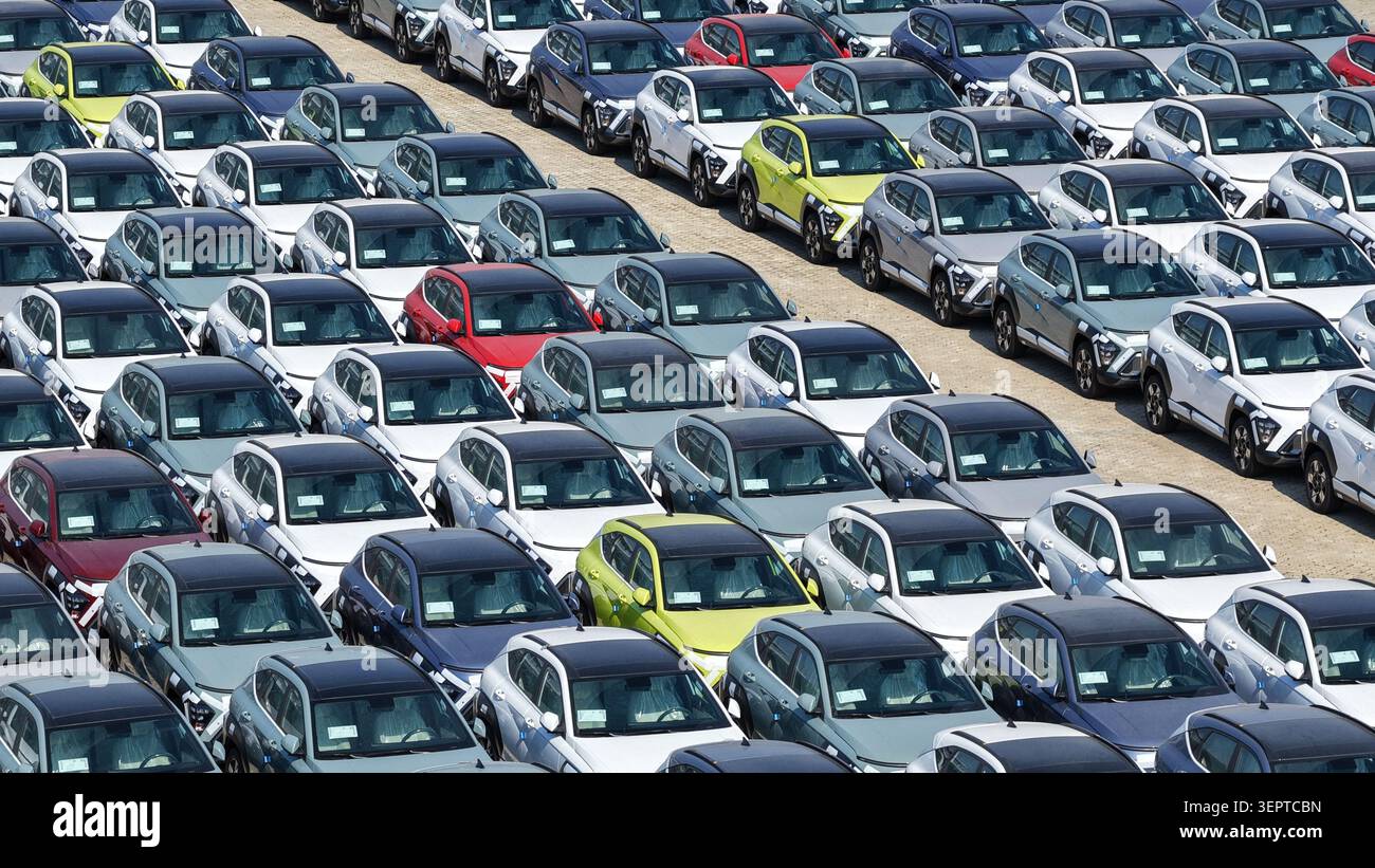 Aerial view of newly imported Hyundai cars waiting for shipment to ...