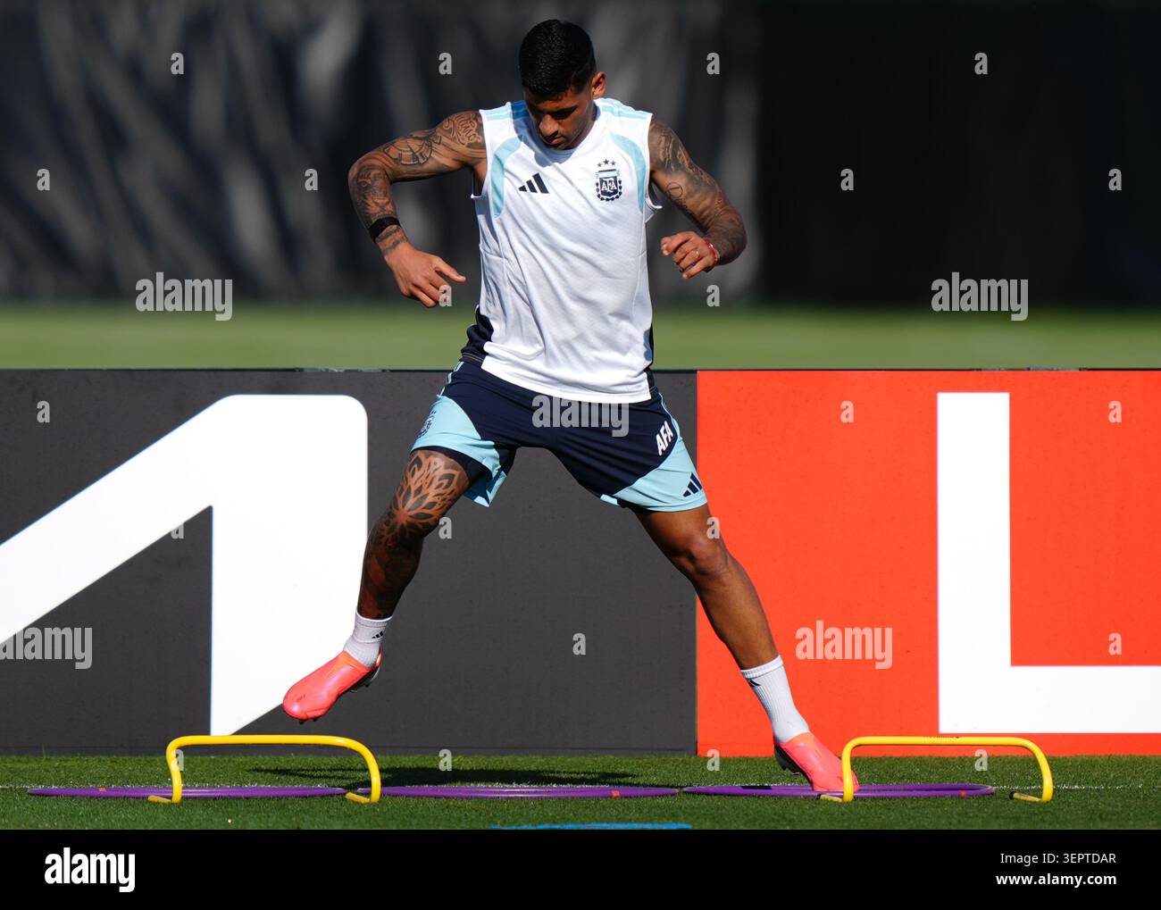 Argentina's Cristian Romero (right) during a training session at the ...