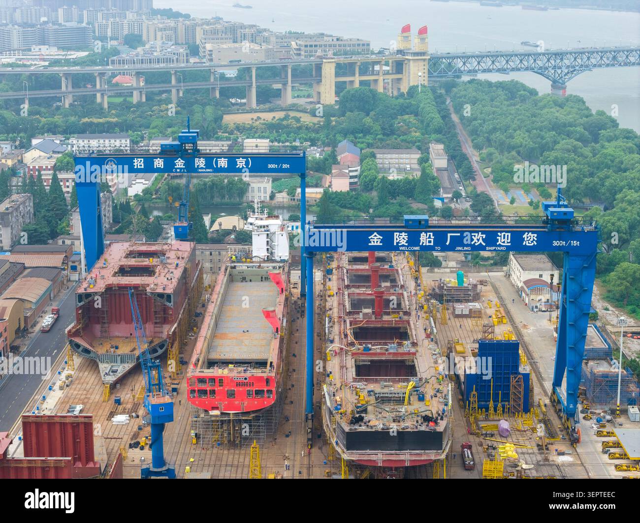 NANJING, CHINA - JUNE 16, 2026 - Workers are building large ships at ...