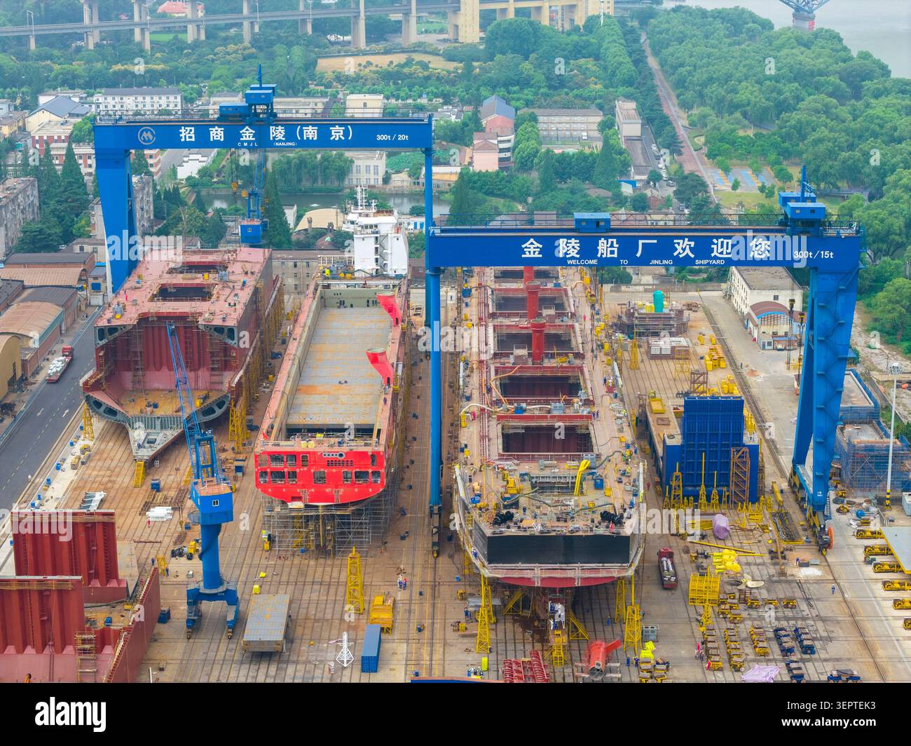 NANJING, CHINA - JUNE 16, 2026 - Workers are building large ships at ...