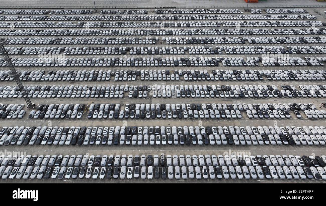 Cars for export are neatly parked at Longtan Port Area of Jiangsu Port ...