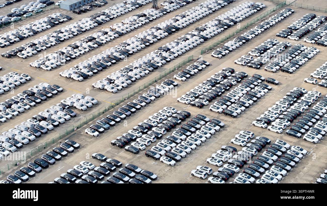 Cars for export are neatly parked at Longtan Port Area of Jiangsu Port ...