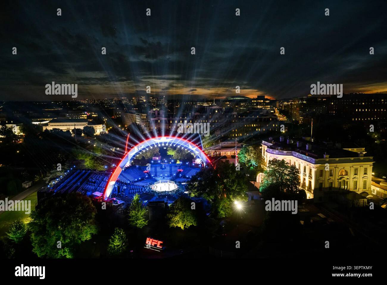 An aerial nighttime view shows the UFC Freedom 250 event venue near the ...