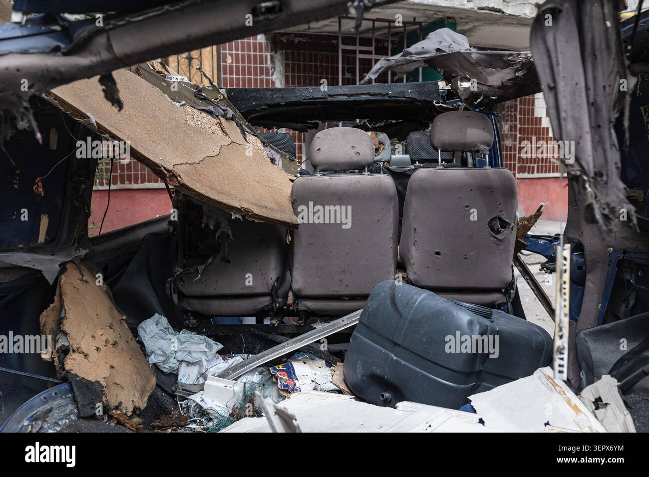 Druzhkivka, Ukraine. 15th June, 2026. A van seen damaged following a ...