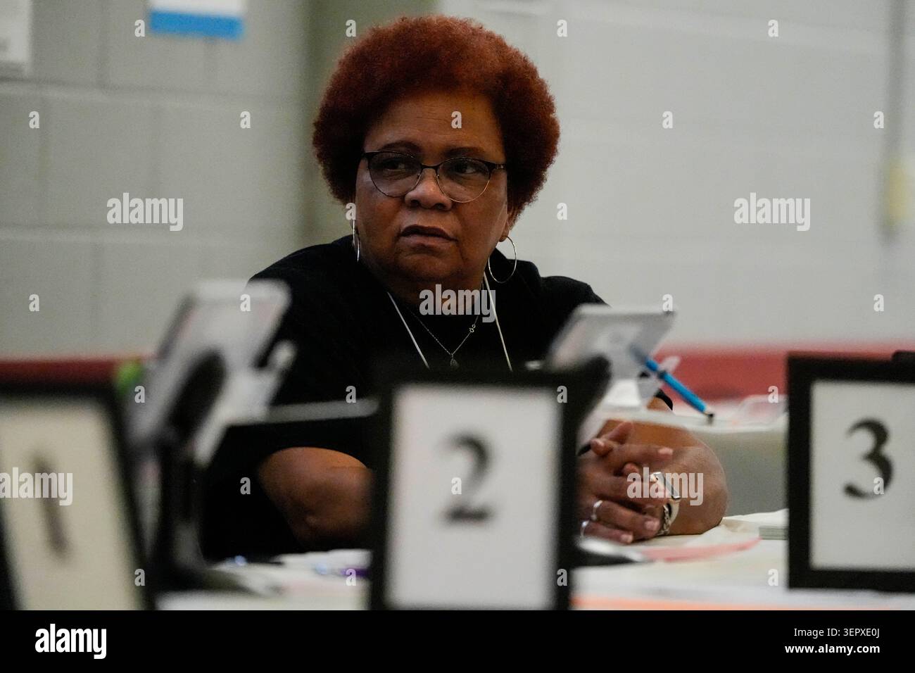 A Fulton County election worker speaks as people vote in a runoff ...