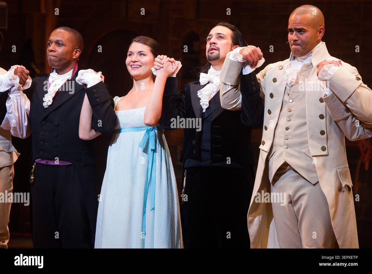 FILE - Leslie Odom Jr., from left, Phillipa Soo, Lin-Manuel Miranda and ...