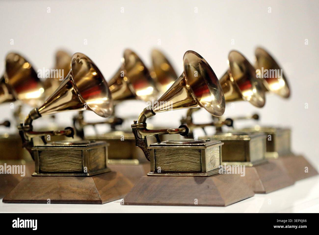 FILE - Grammy Awards are displayed at the Grammy Museum Experience at ...