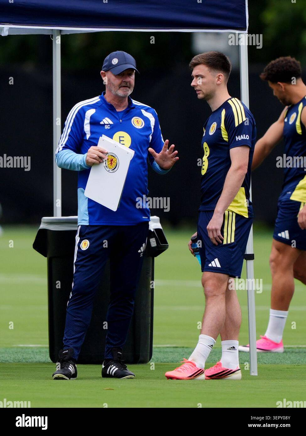 Scotland manager Steve Clark and Kieran Tierney during a training ...