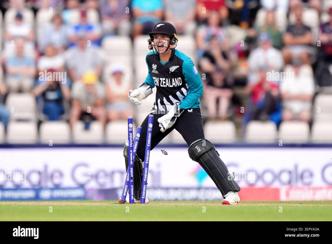 New Zealand's Izzy Gaze celebrates as Sri Lanka’s Hasini Perera is run ...