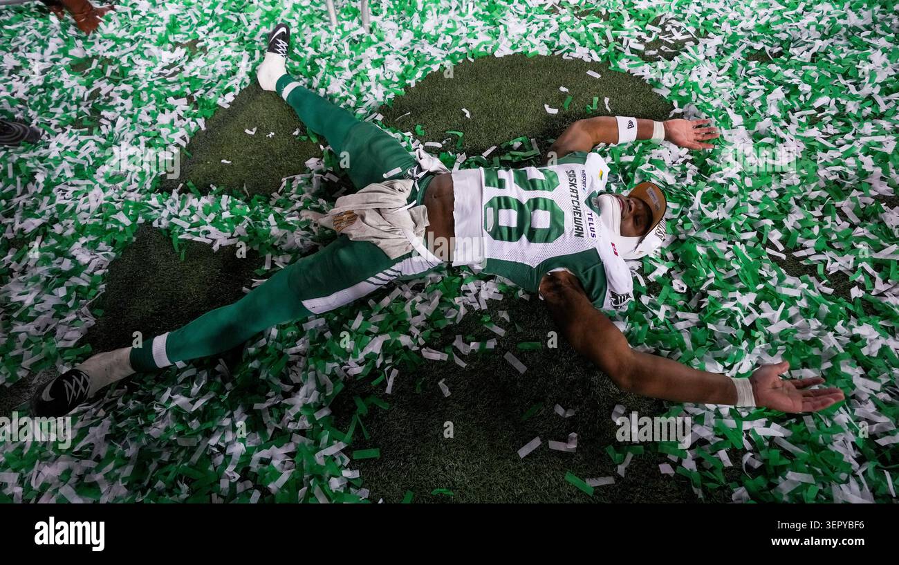 Saskatchewan Roughriders' Melique Straker (28) celebrates his team ...