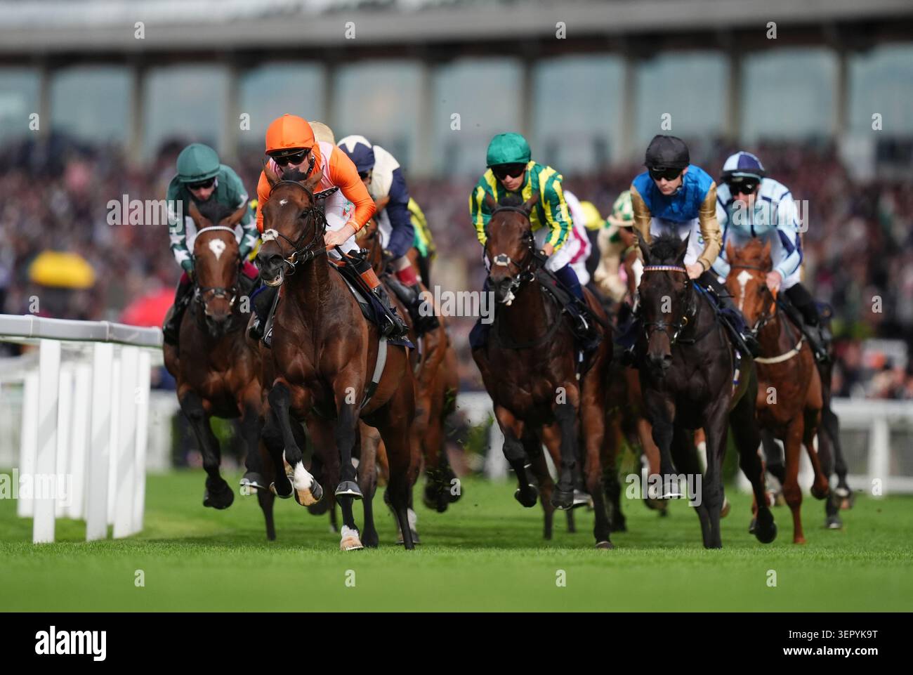 Runners and riders in action during the Copper Horse Stakes during day ...