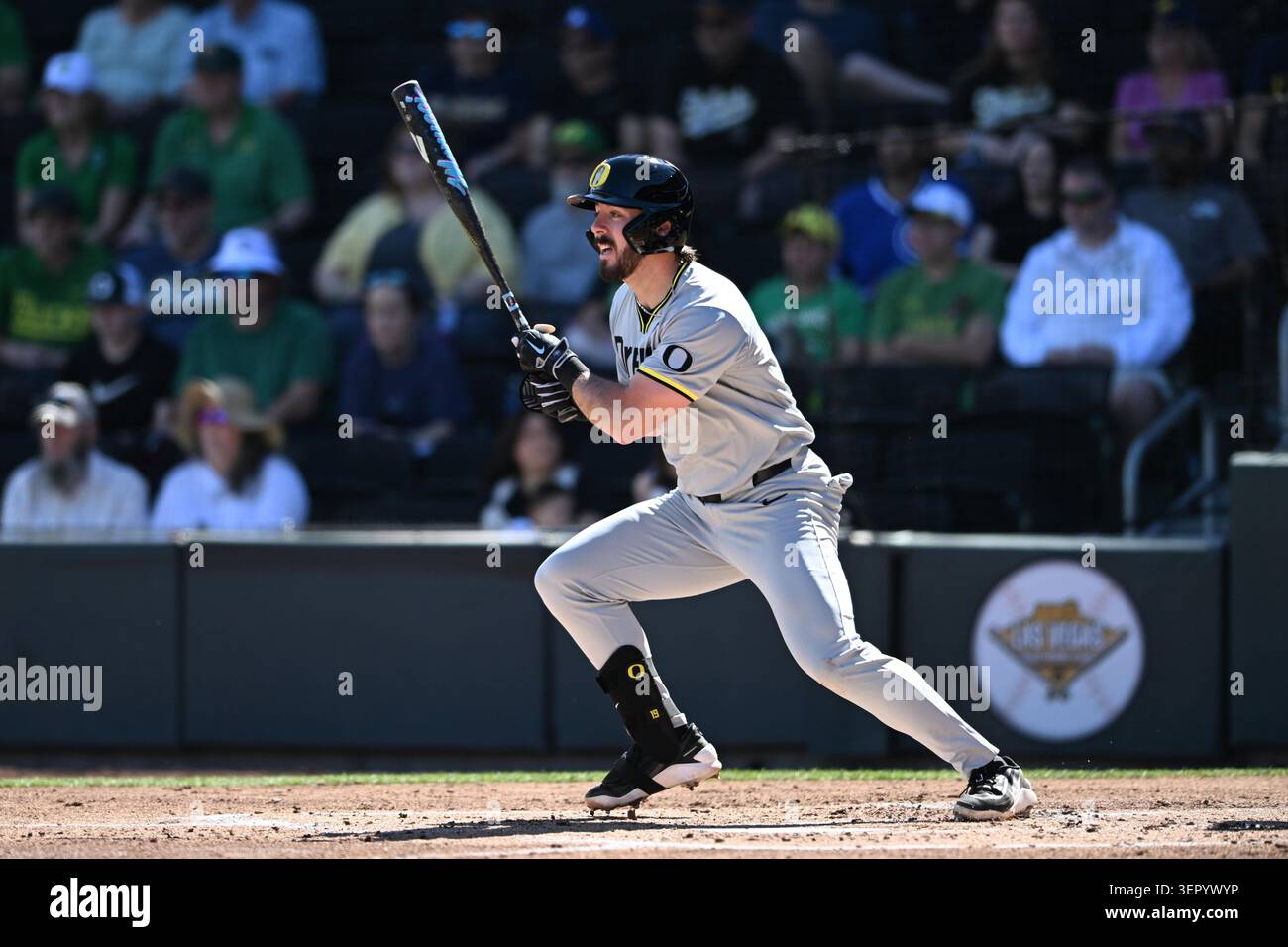 Gabe Miranda (26) of the Oregon Ducks follows through on a swing during ...