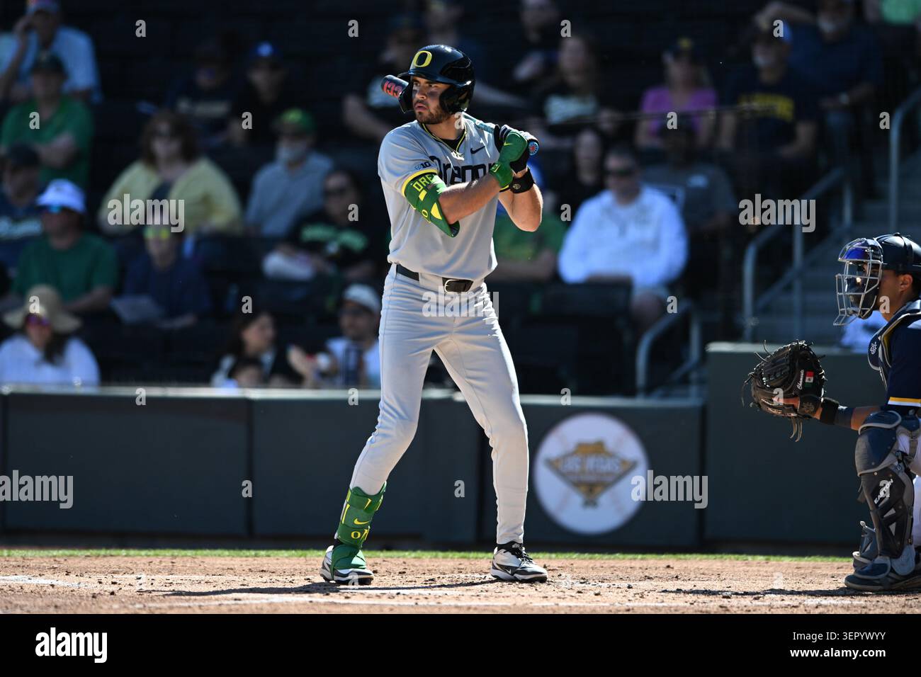 Angel Laya (53) of the Oregon Ducks at bat during a game against the UC ...