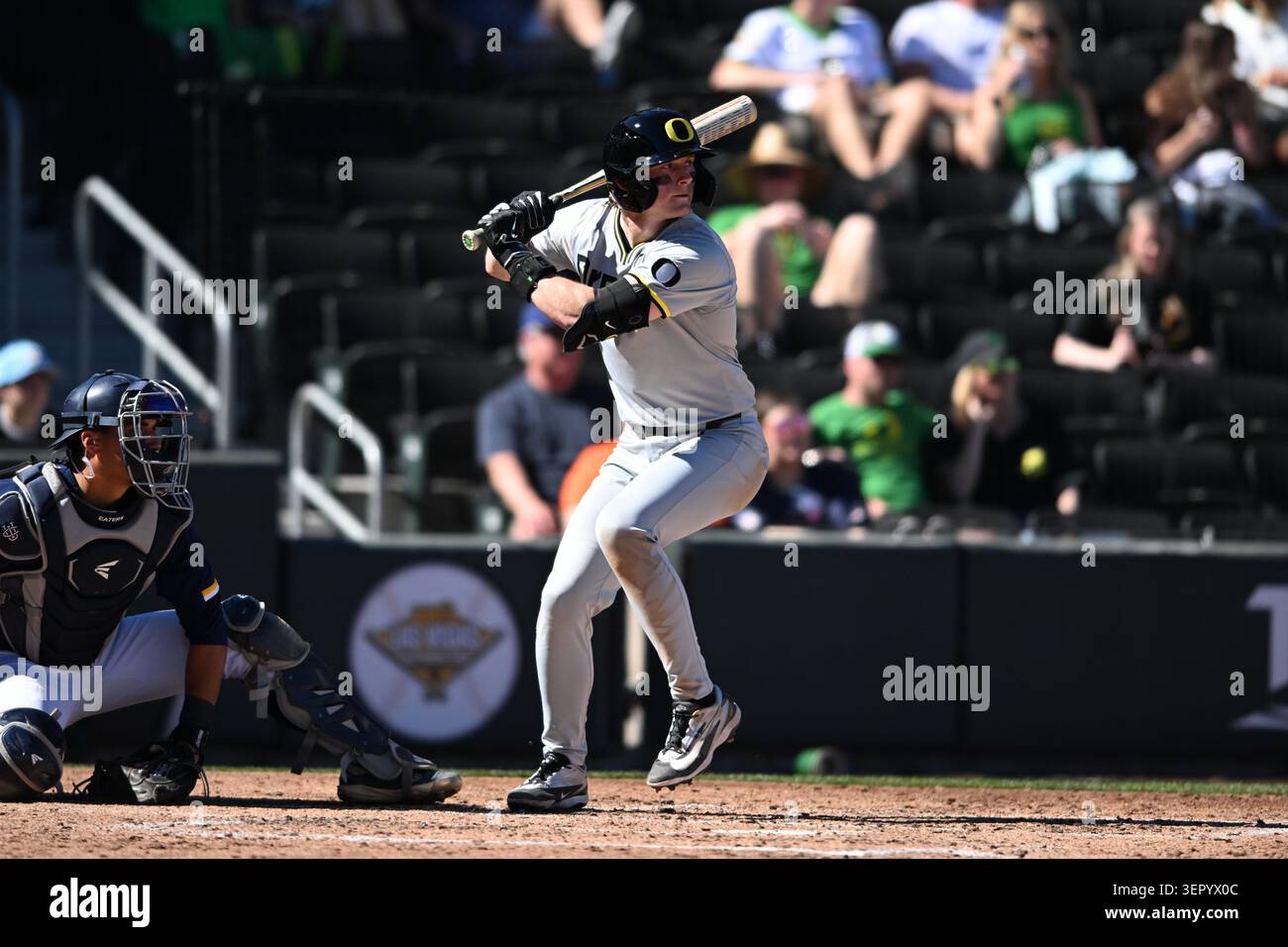 Drew Smith (17) of the Oregon Ducks at bat during a game against the UC ...