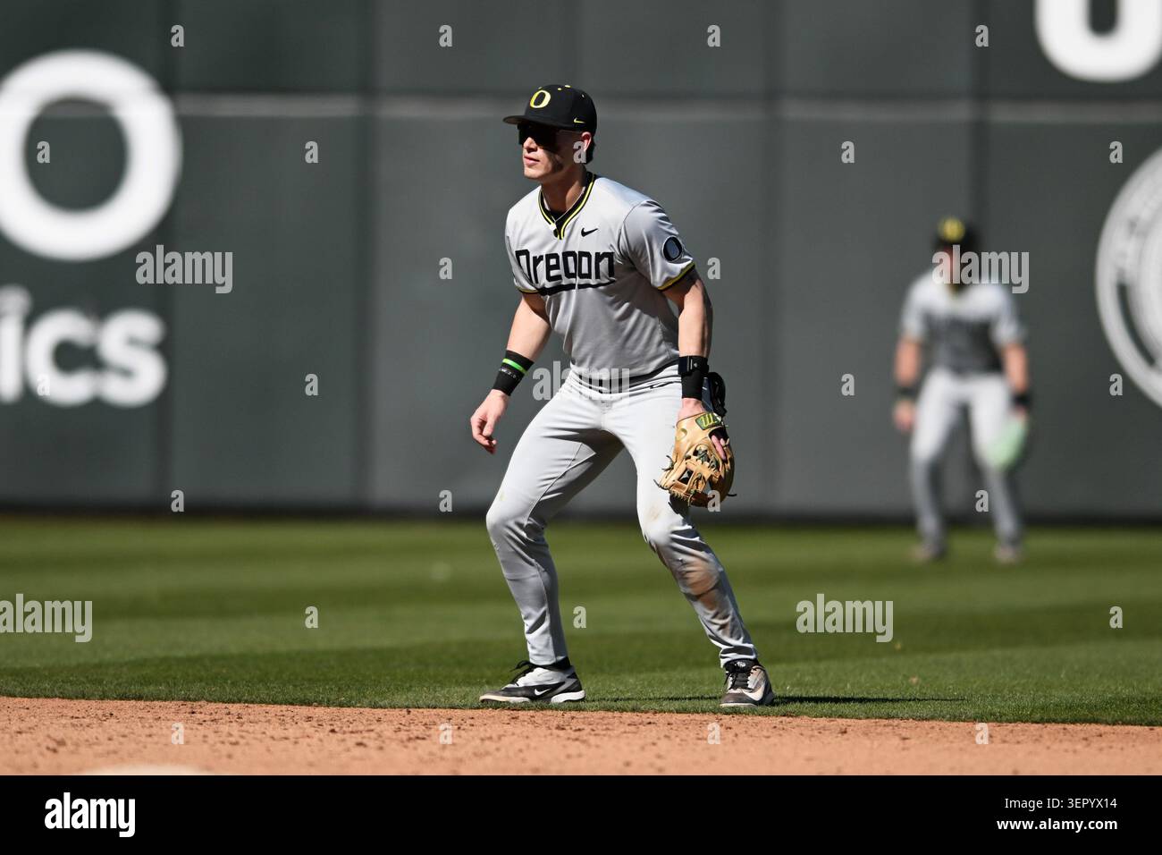 Oregon Ducks shortstop Maddox Molony (9) in a defensive stance during a ...