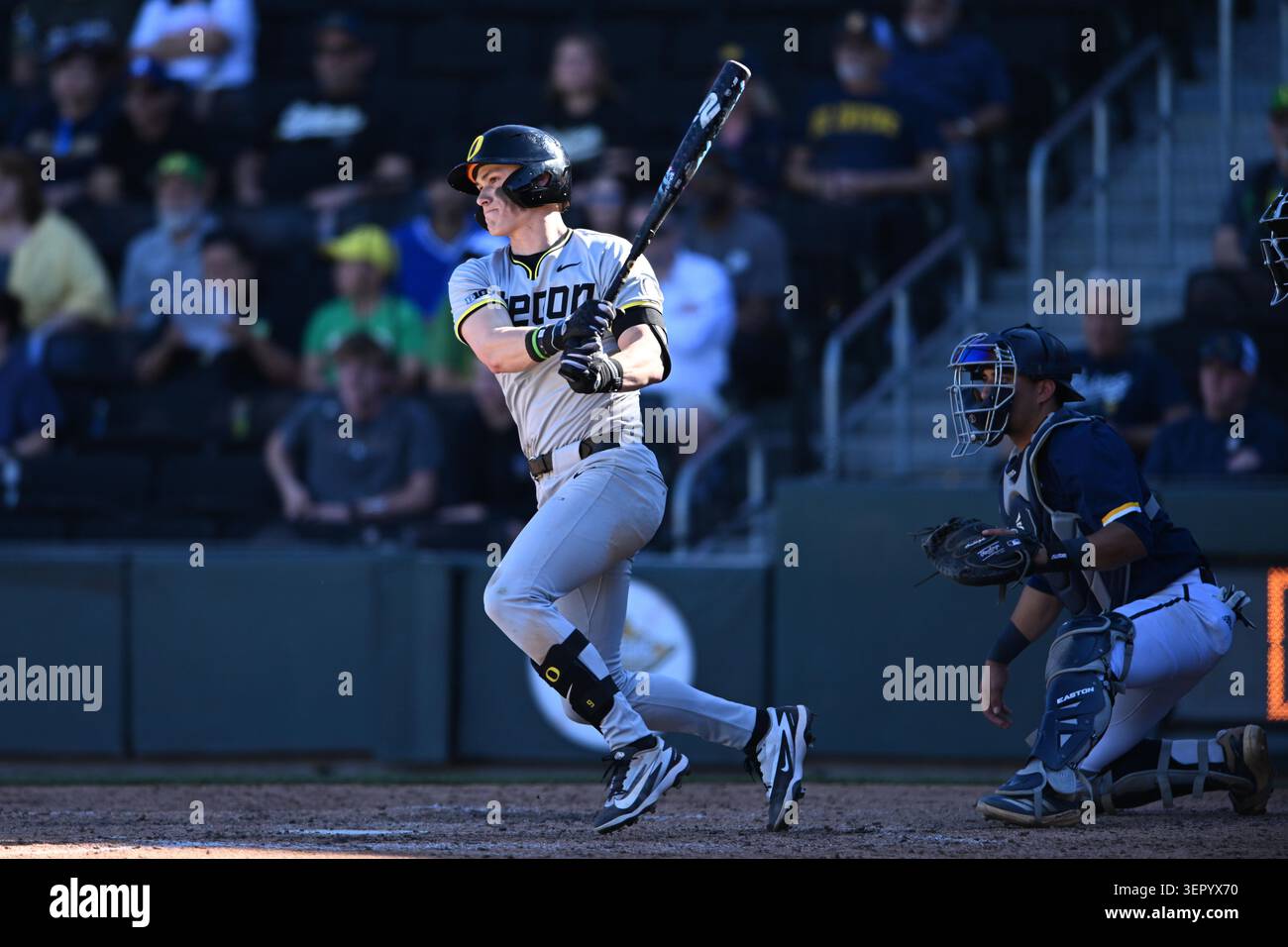 Maddox Molony (9) of the Oregon Ducks follows through on a swing during ...