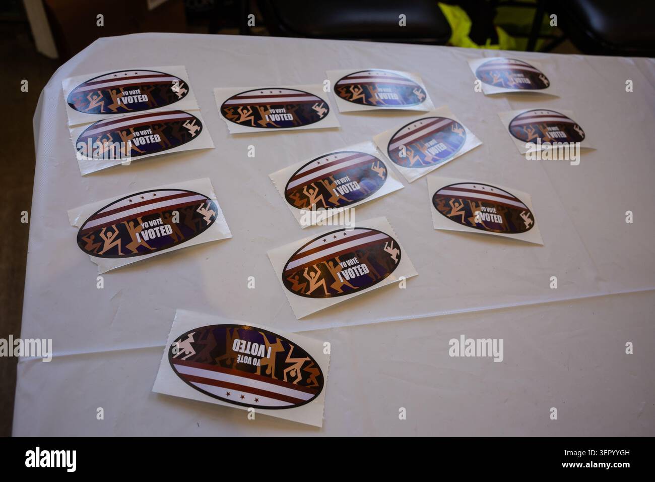 "I VOTED/YO VOTE" stickers are seen at a voting location at Eastern ...