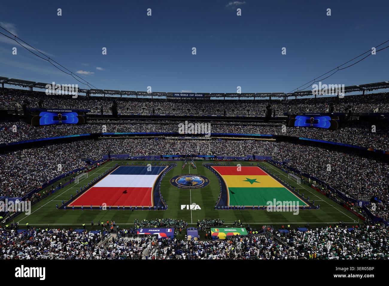 French and Senegalese flags are seen on the pitch beforet he World Cup ...