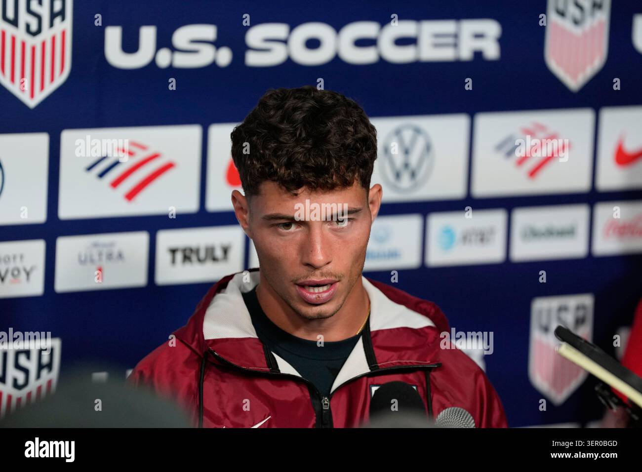 United States' Sebastian Berhalter speaks with the media before a ...