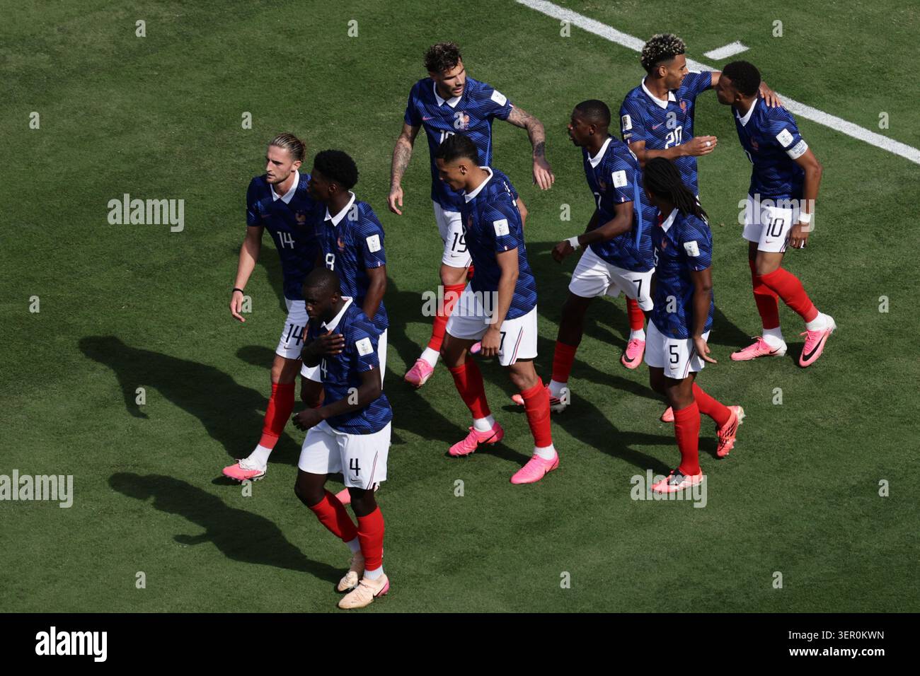 France's players celebrate after scoring the opening goal during the ...