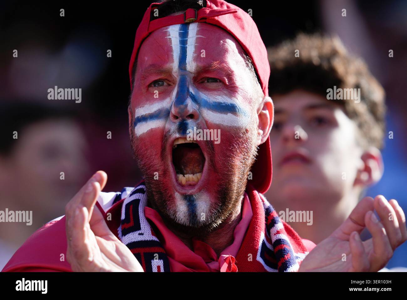 A fan of Norway cheers prior to a World Cup Group I soccer match ...