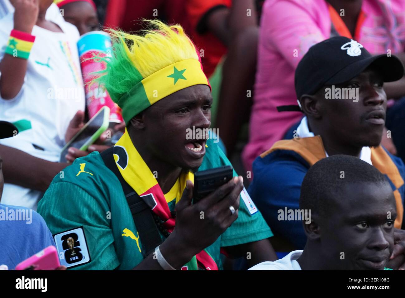A Senegalese fan reacts as he watches a broadcast of the World Cup ...