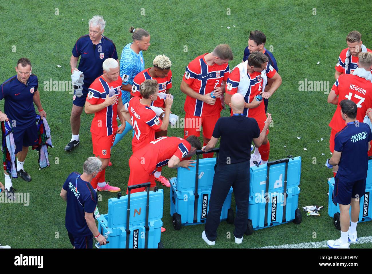 Norway takes a hydration break during the World Cup Group I soccer ...