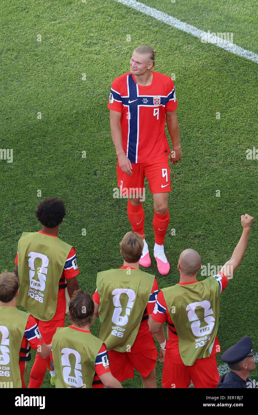 Norway's Erling Haaland (9) celebrates his second goal of the match ...