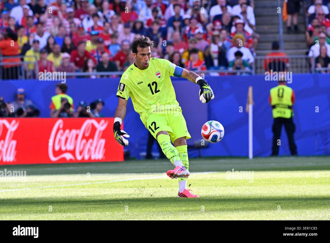 Iraq goalkeeper Fahad Talib #1 kicks the ball Norway during the first ...