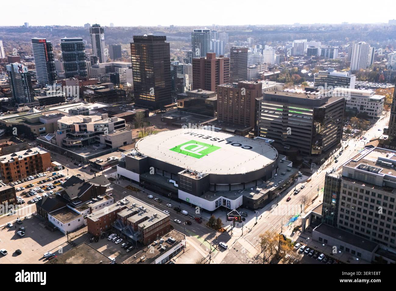 An aerial view of downtown Hamilton, Ont., Wednesday, Nov. 19, 2025 ...