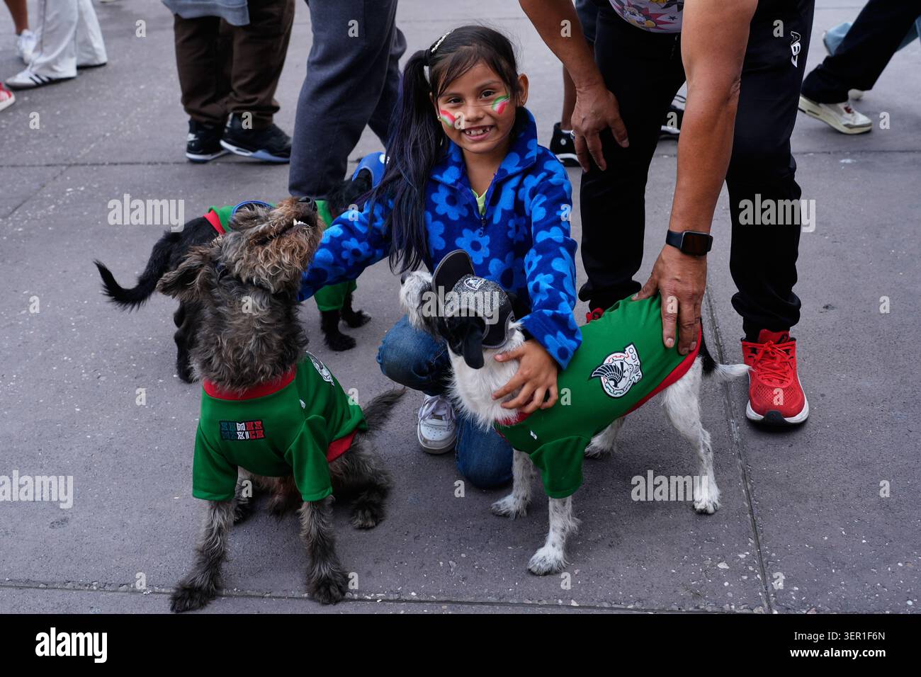 A child poses for a photo with dogs dressed in Mexican national team ...