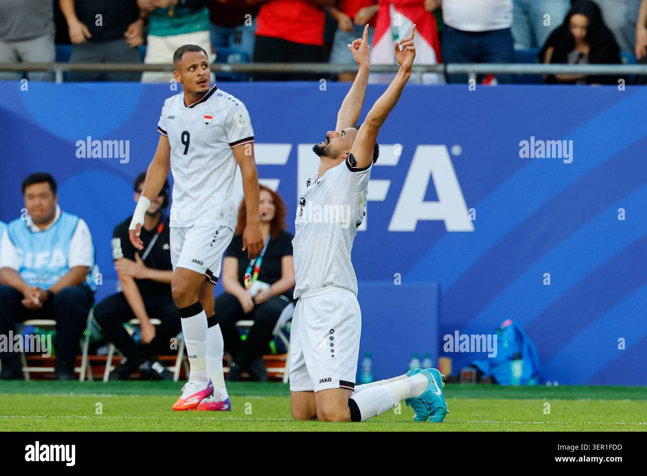 Iraq forward Ayman Hussein celebrates his goal against Norway in action ...