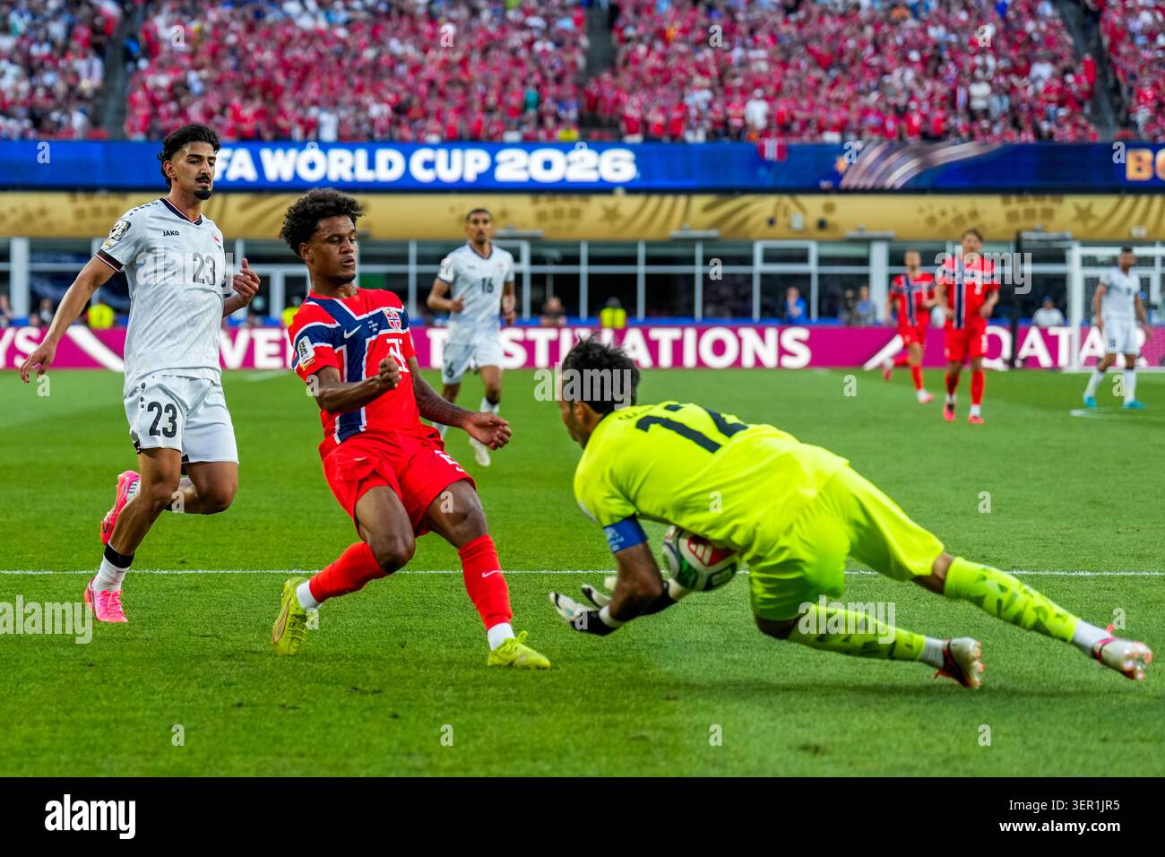 Foxborough, Massachusetts, USA 20260616. Norway's Oscar Bobb and Iraq's ...