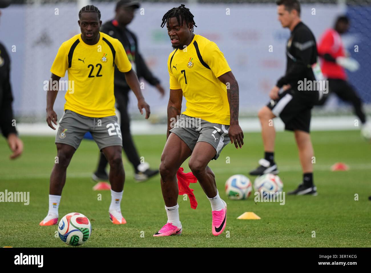 Ghana's Fatawu Issahaku, right, works out with teammates during a ...
