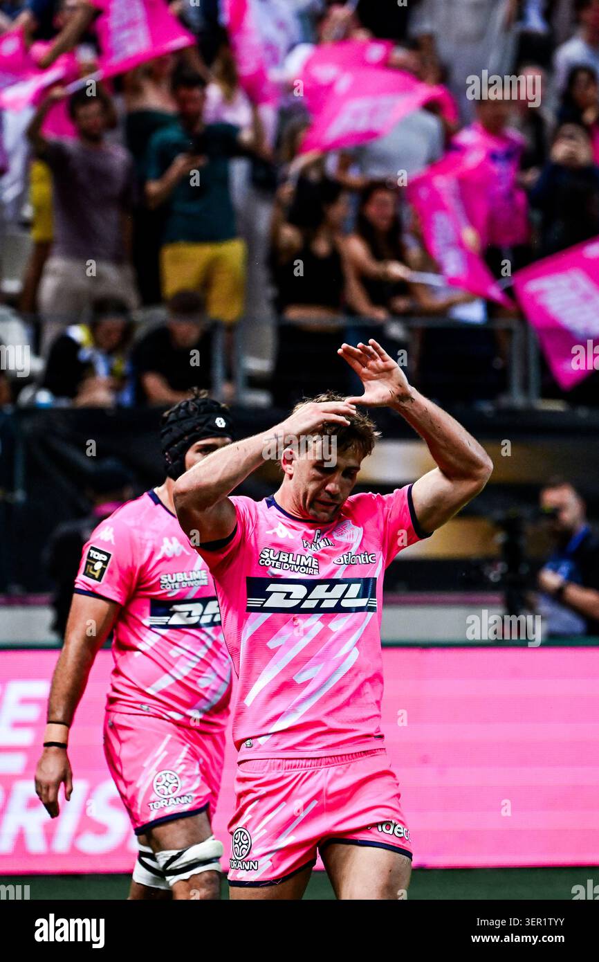 Jeremy WARD of Stade Francais celebrates his try during the Top 14 ...