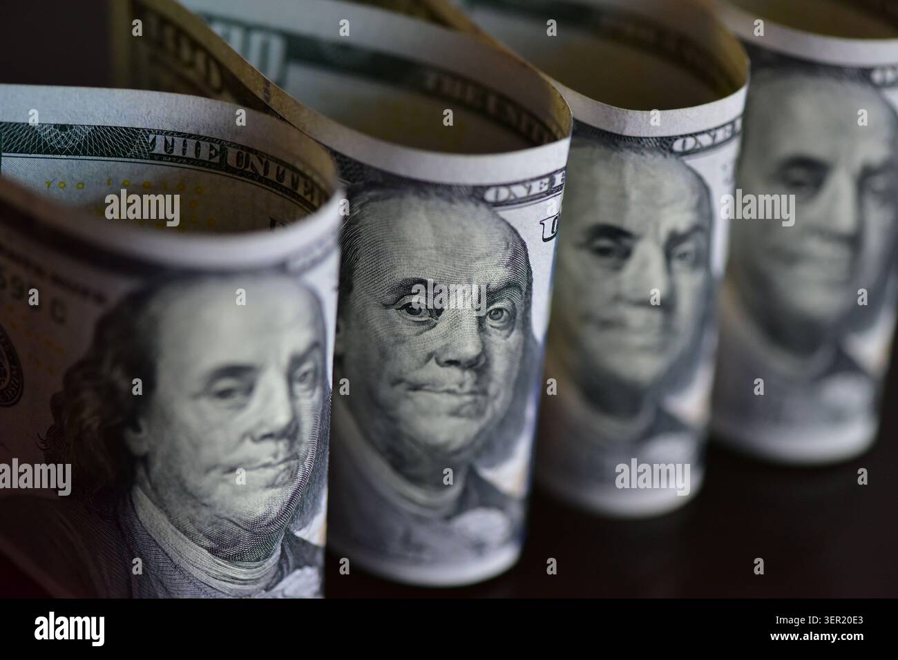 FUYANG, CHINA - JUNE 17, 2026 - The US dollar banknotes captured in ...