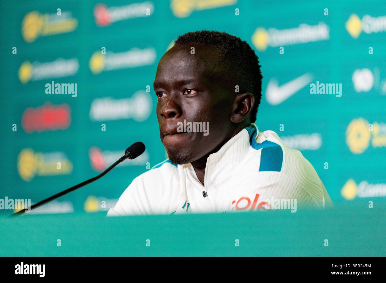 Socceroos player Awer Mabil seen during a press conference at the ...
