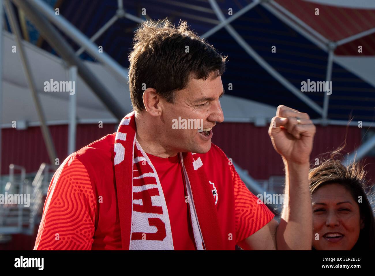 B.C. Premier David Eby cheers during a rally, in Vancouver, on Tuesday ...