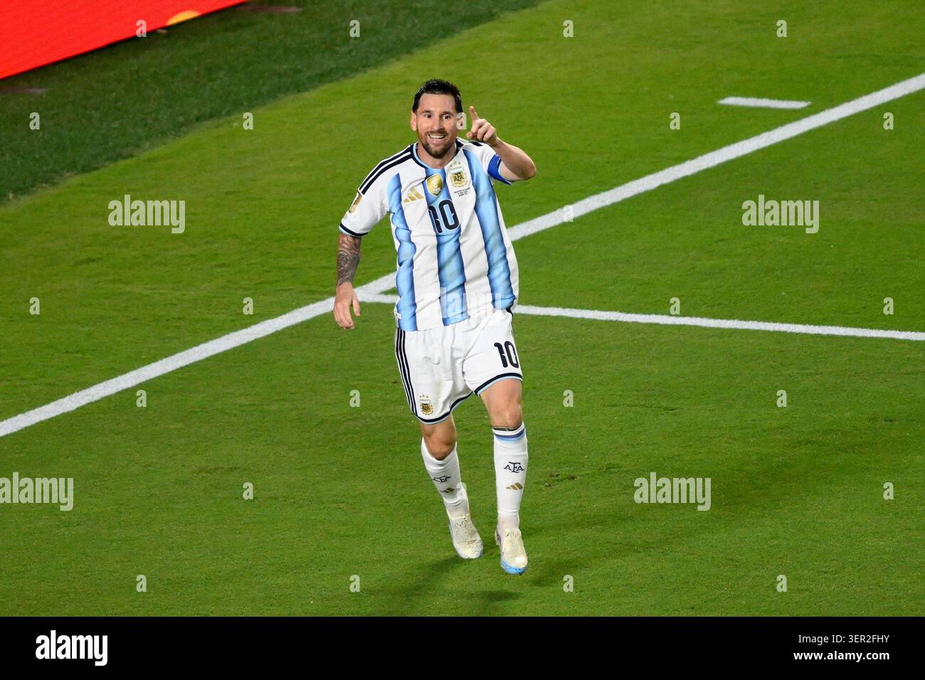 Argentina's Lionel Messi (10) celebrates after scoring their third goal ...