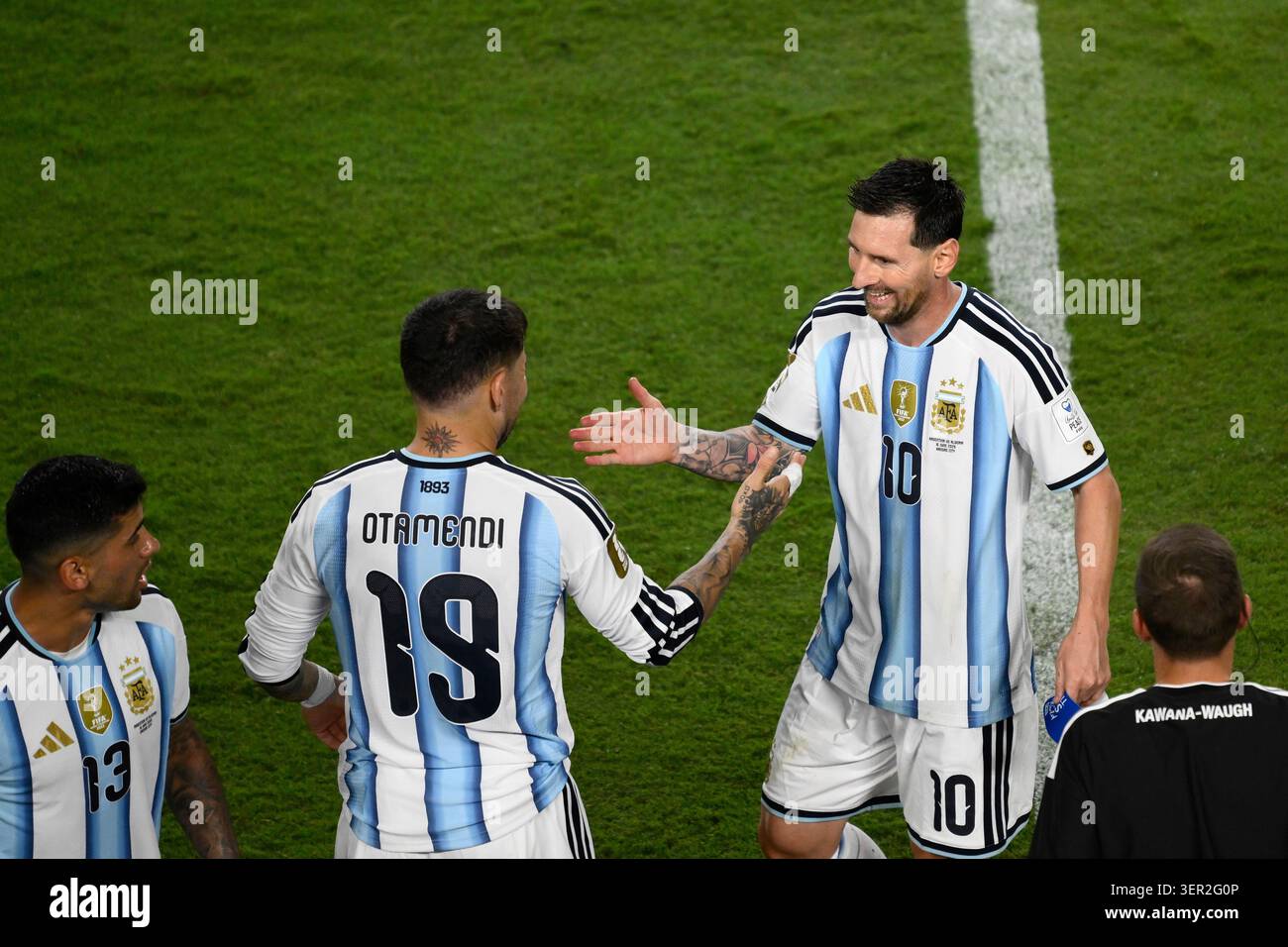 Argentina's Lionel Messi (10) greets Nicolas Otamendi (19) after being ...